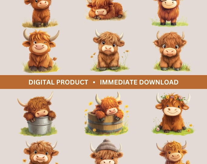 Highland Cow Clipart 15pc PNG & JPEG | Highland Cow PNG Commercial Use ...
