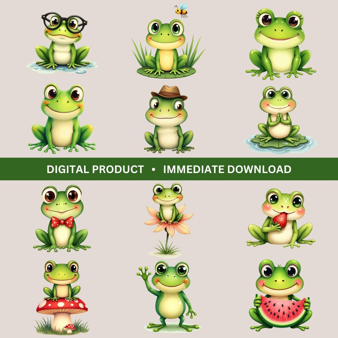 Watercolor Frog Clipart Bundle, Cute Frog Graphics (digital Download ...