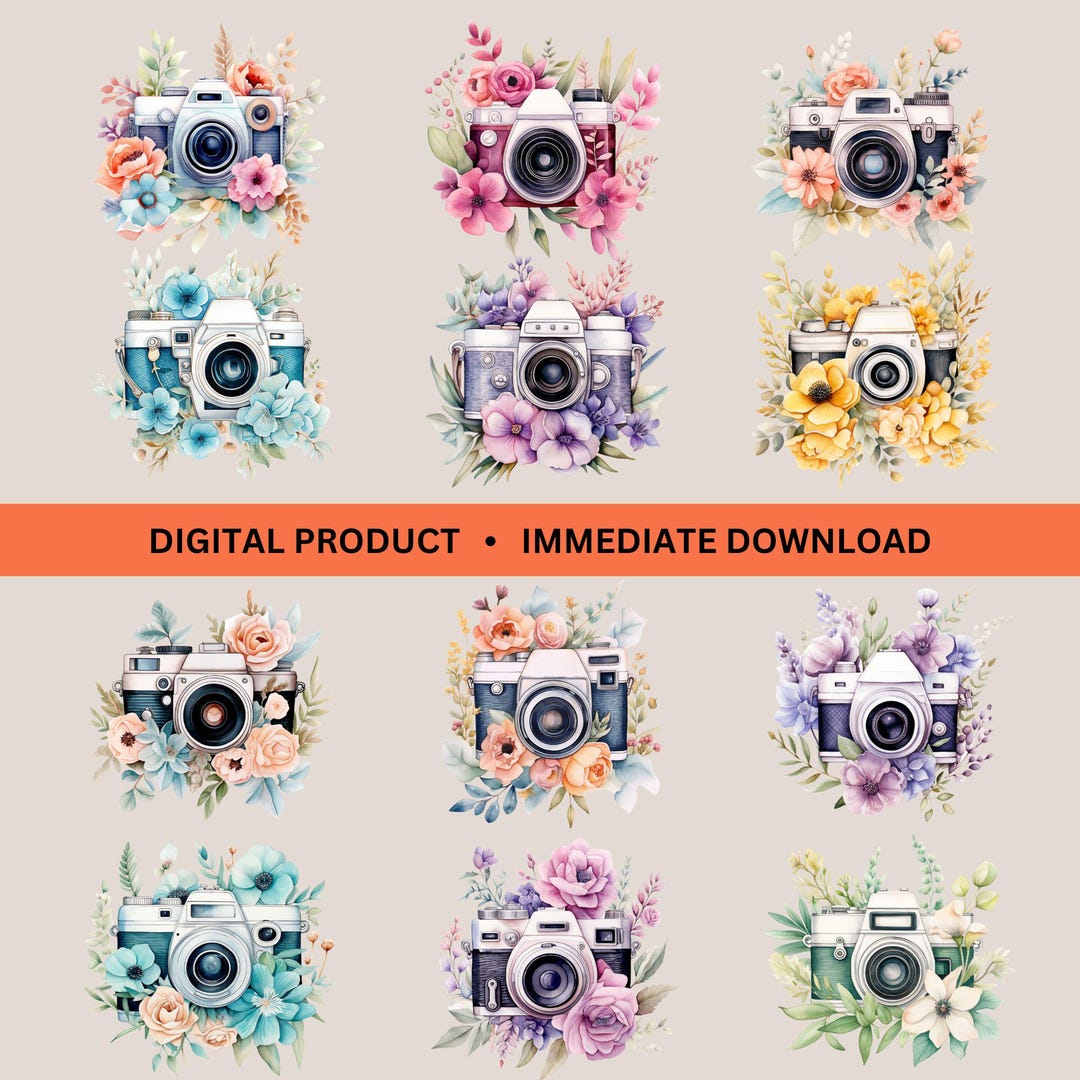 Floral Cameras Digital Art Bundle – 12 Camera Illustrations for ...