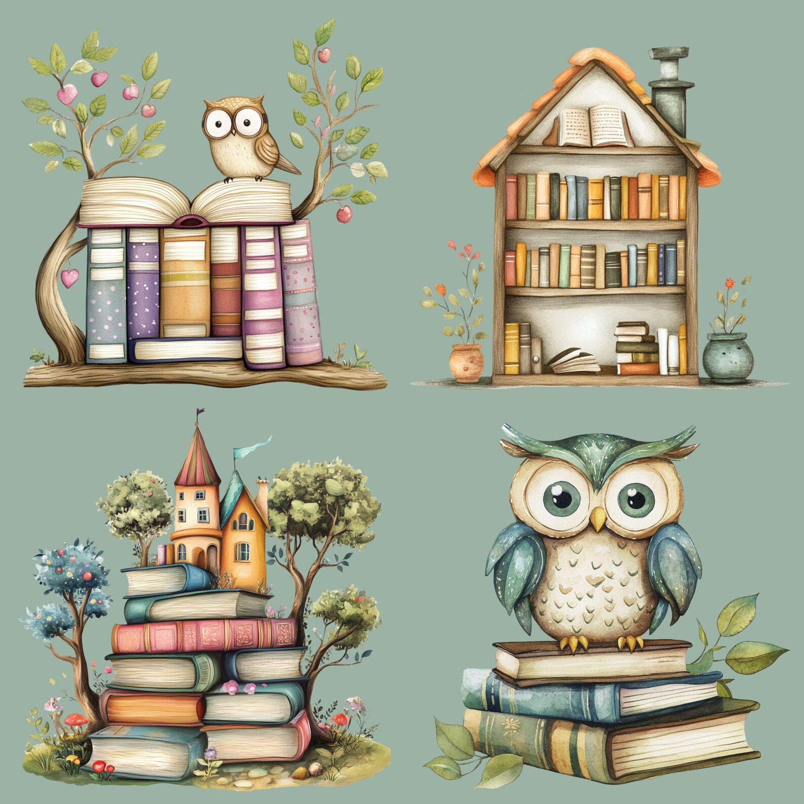 Books & Owls Clipart Bundle, 12 Watercolor Illustrations, Library ...