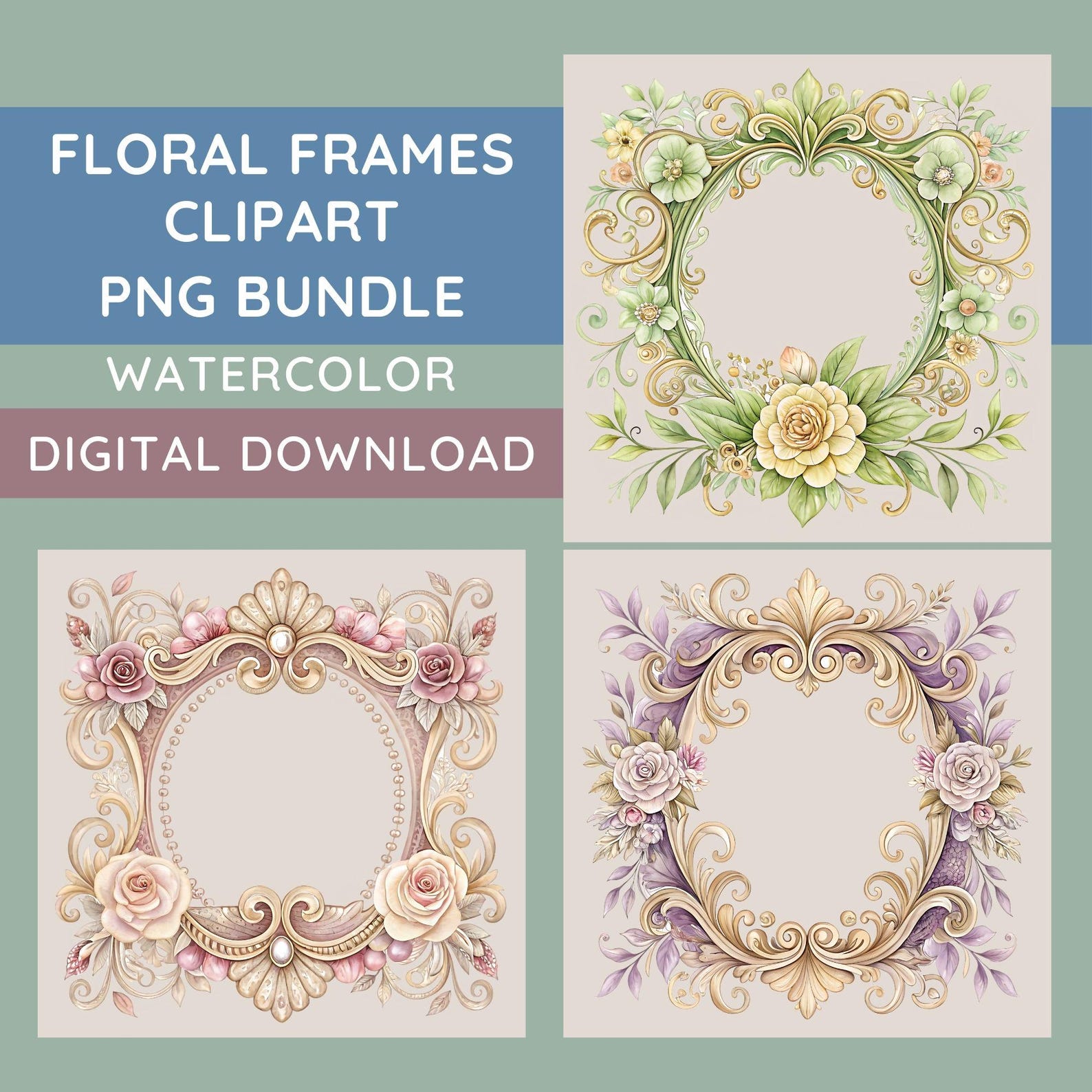 Floral Frames Clipart PNG Bundle, 15 Flower Border Designs, Flower ...