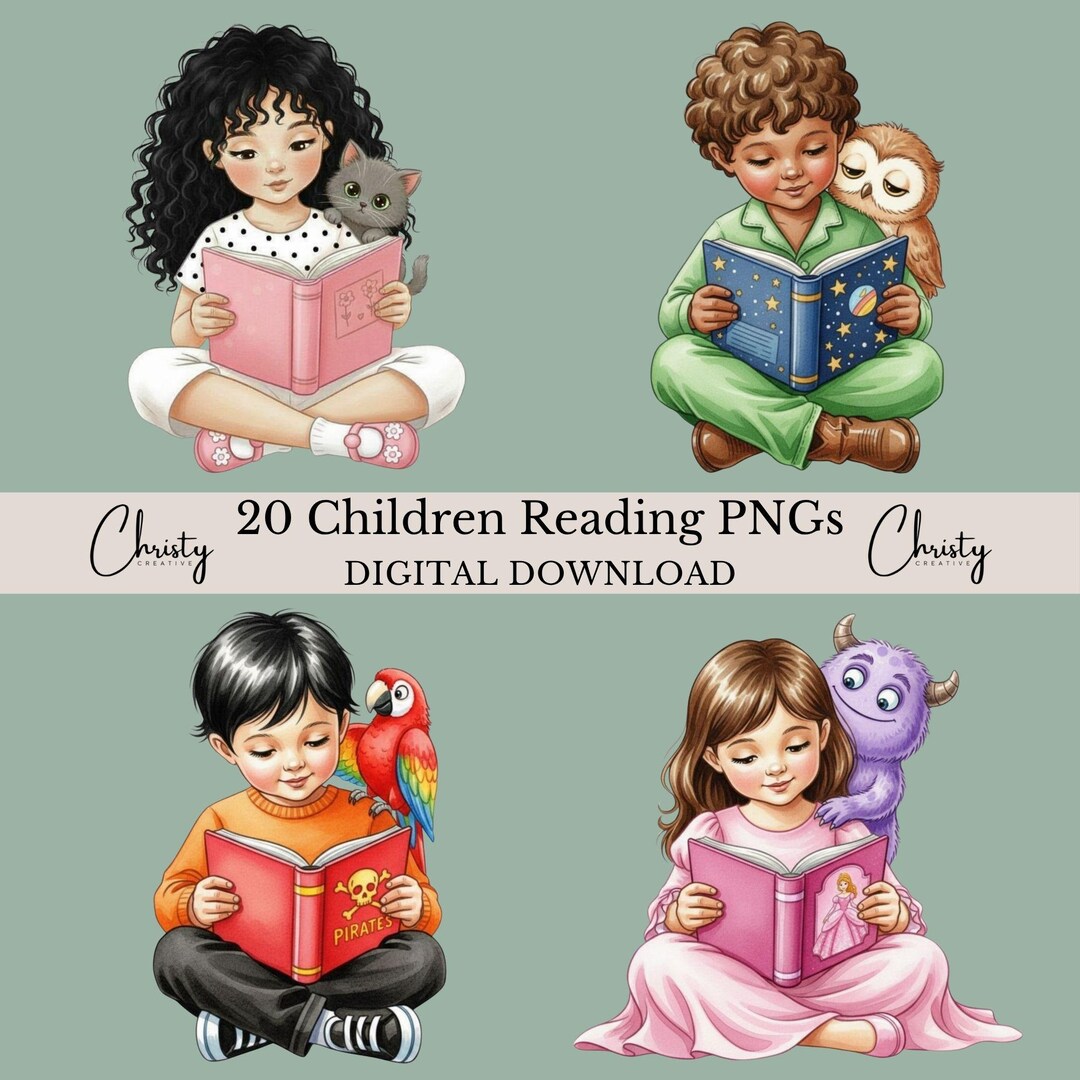 Children Reading Clipart Bundle, 20 Magical Child Designs, Watercolor ...