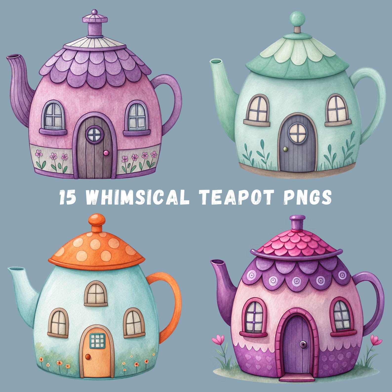 Whimsical Teapot House Bundle, 15 Watercolor Teapot Illustrations ...