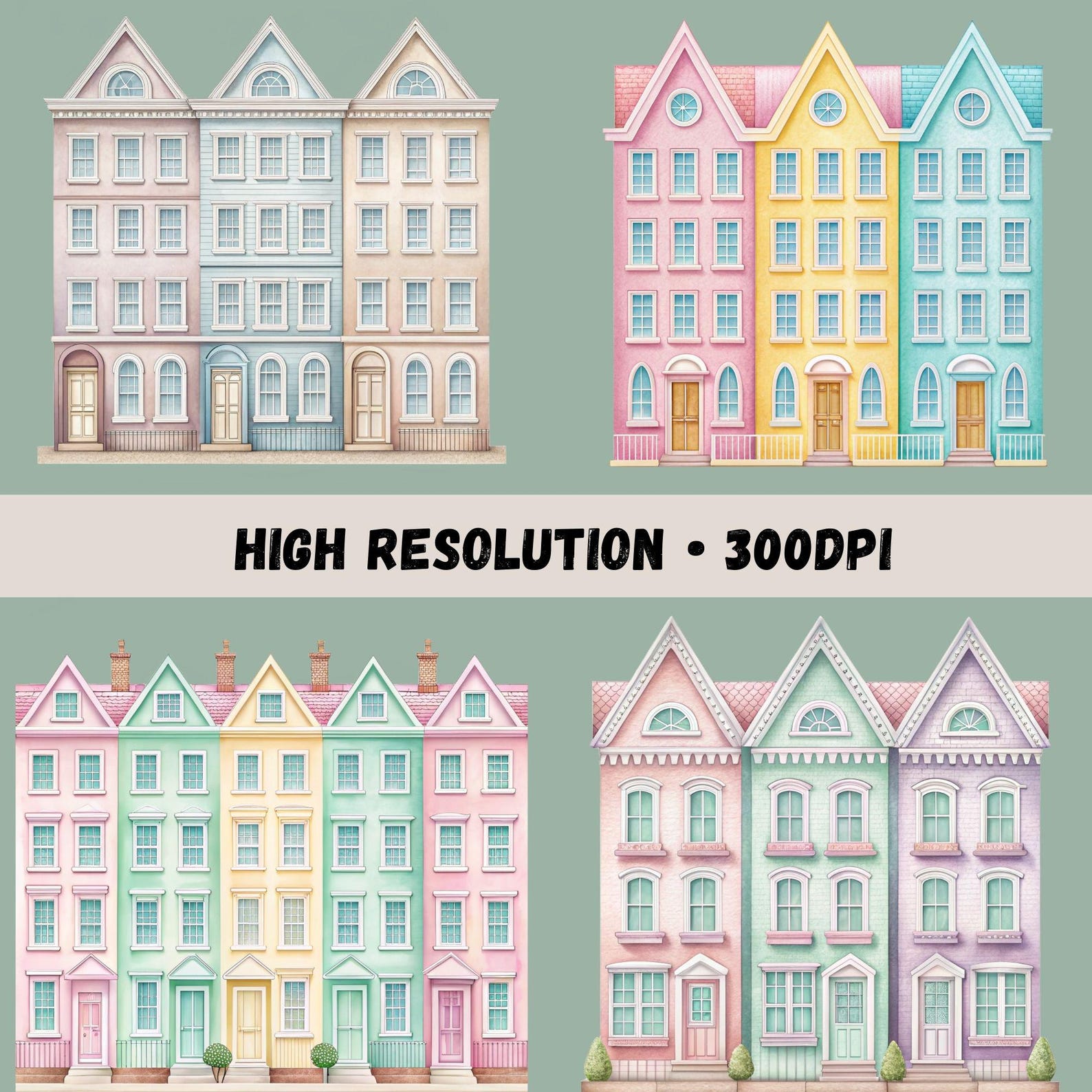 Row House Borders Clipart Bundle, 15 Whimsical Watercolor Row Houses ...