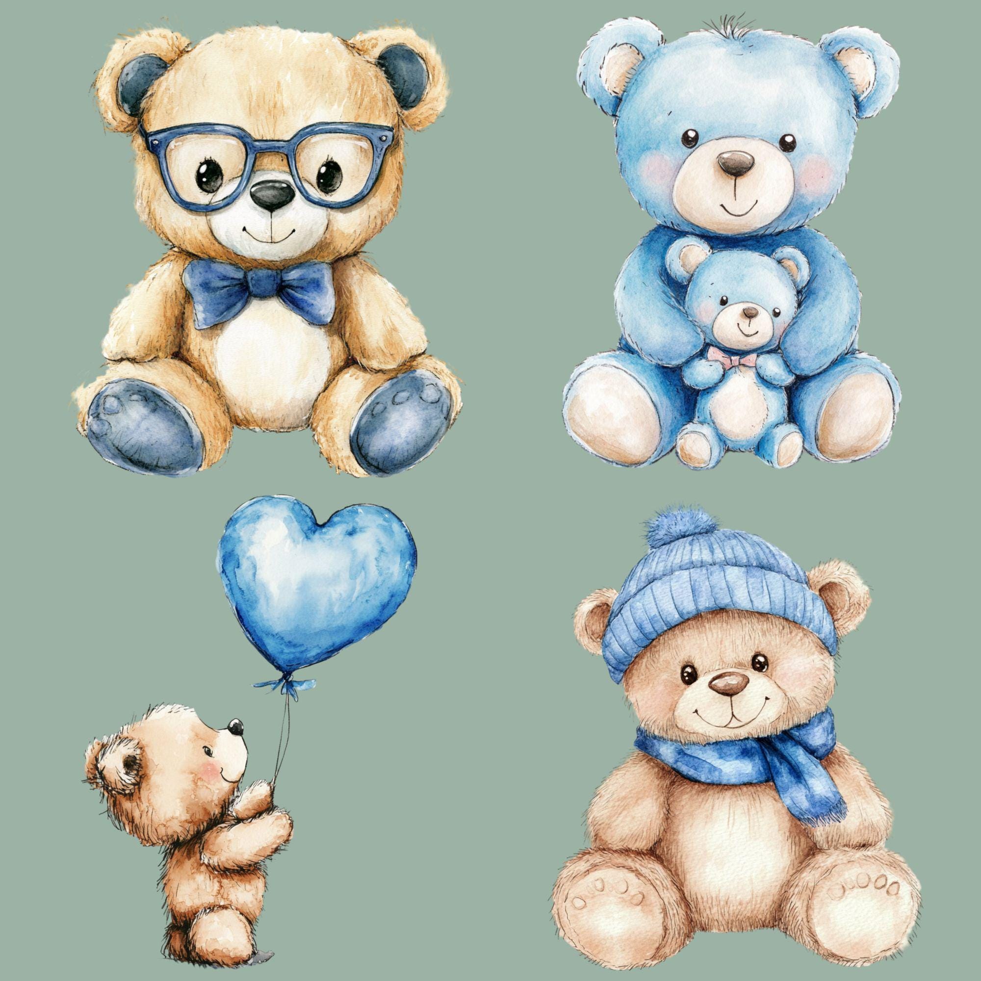 Blue Teddy Bear Clipart Bundle, 12 Boy Bear Watercolor Designs, Cute ...