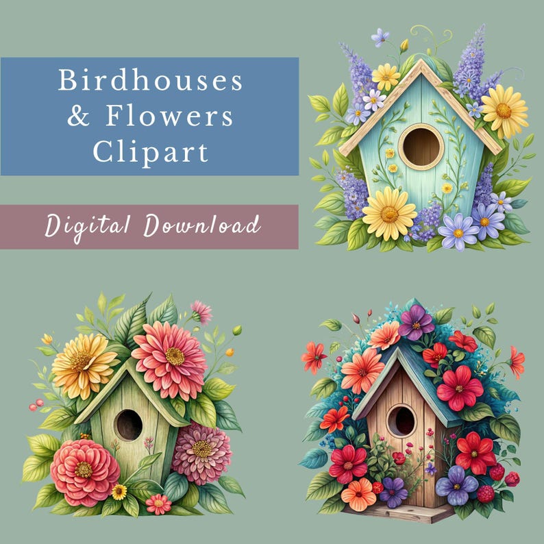 Birdhouse Clipart Bundle, 15 Watercolor Birdhouses and Flowers, Floral ...