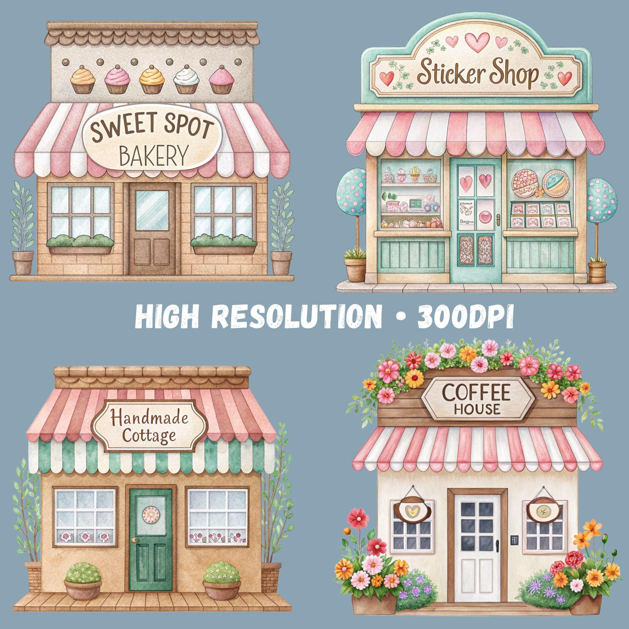 Village Shops Clipart Bundle, 15 Watercolor Buildings, Crafty ...