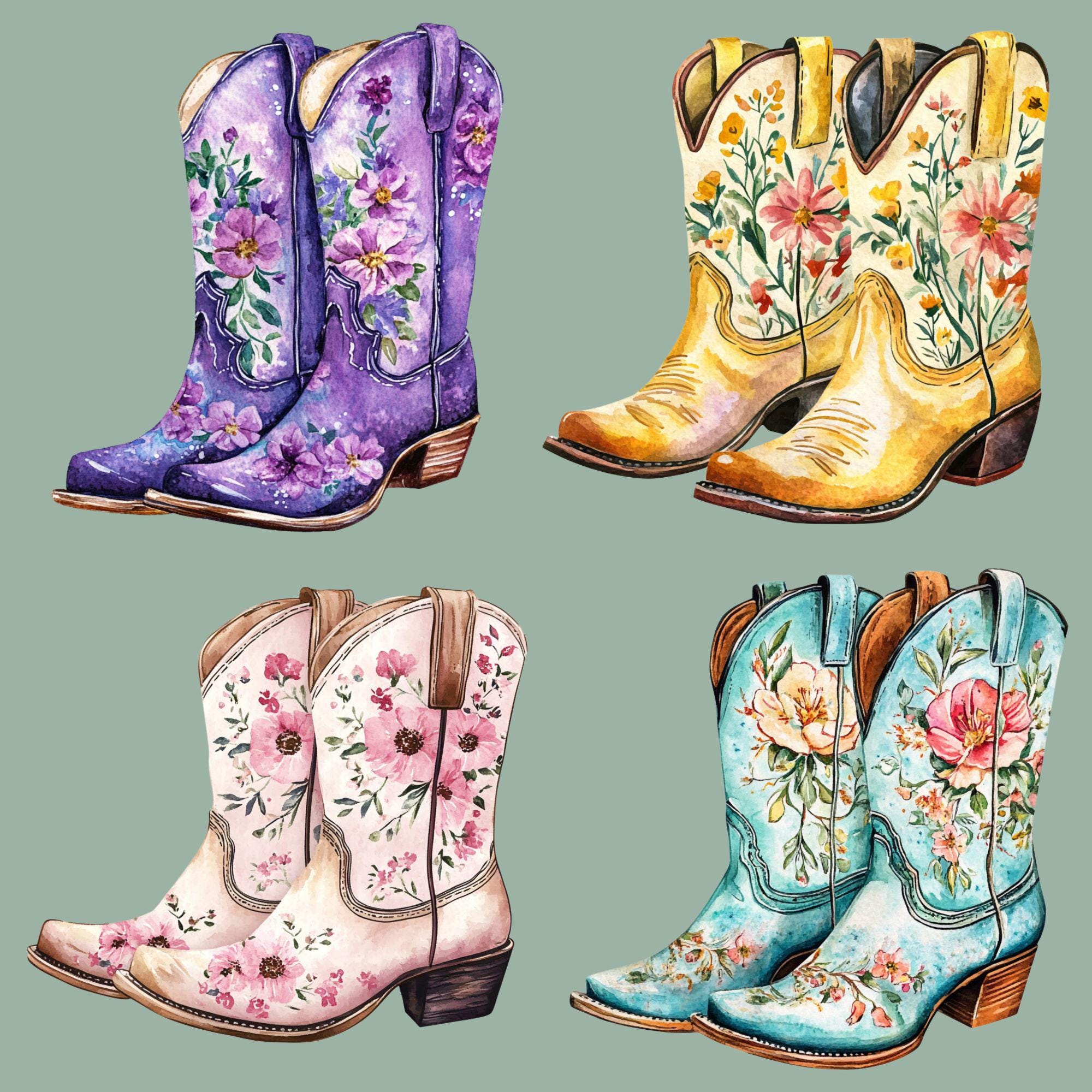 Cowgirl Boots Clipart Bundle, 12 Pastel Boot Graphics, Watercolor Boot ...