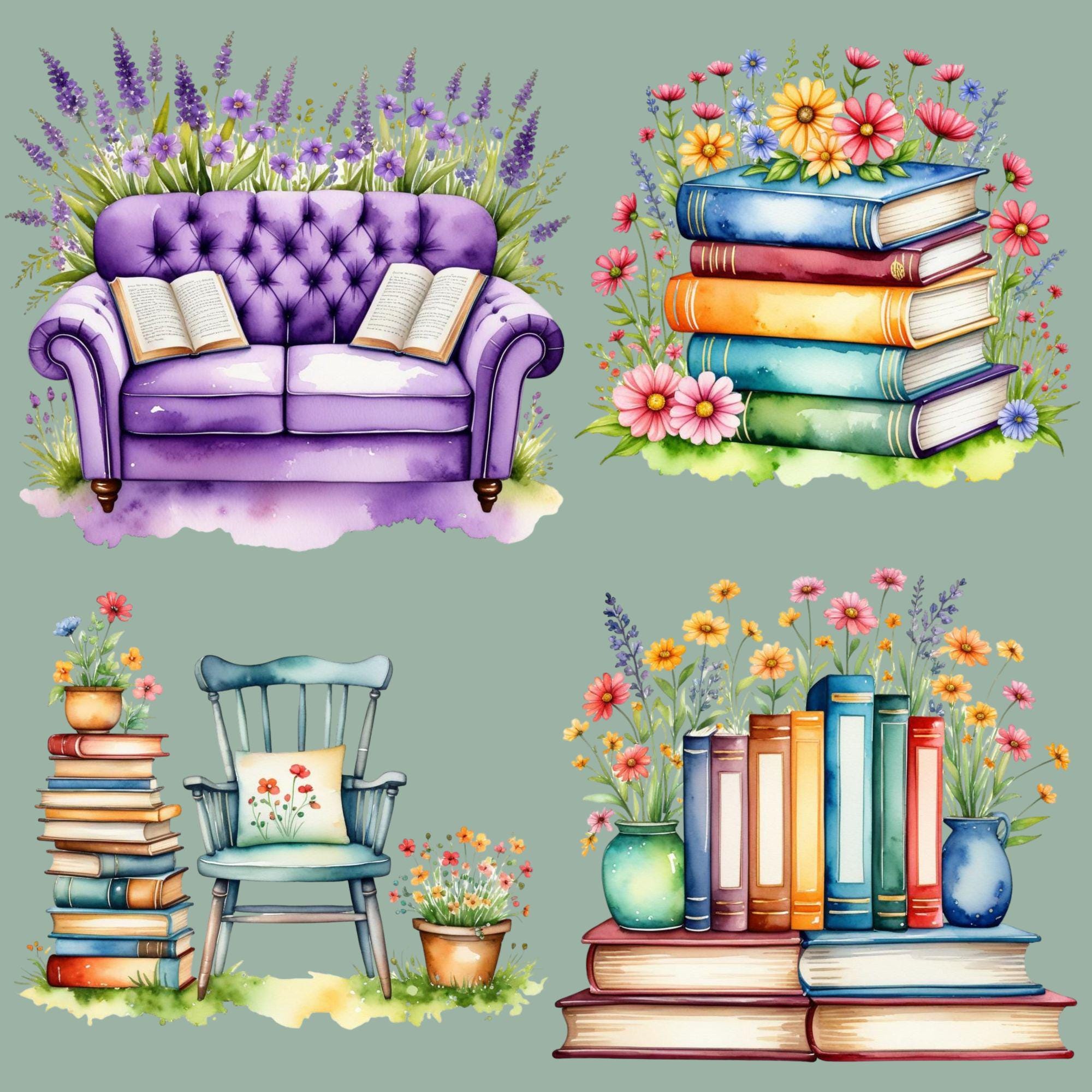 Book Lover Clipart Bundle, 12 Watercolor Book Graphics, Book ...