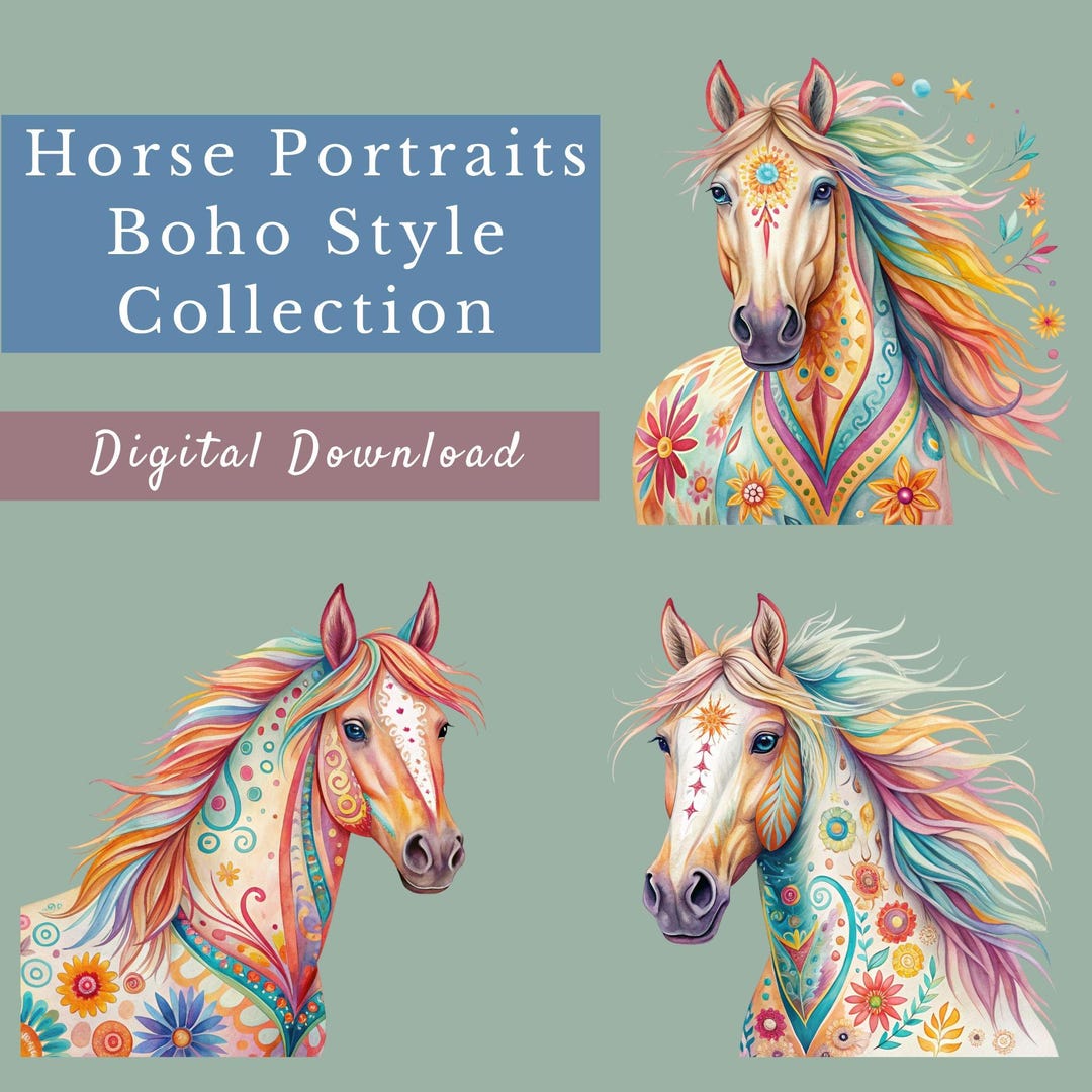 Horse Portraits Bundle, 15 Watercolor Boho Horses, Horse Sublimation ...