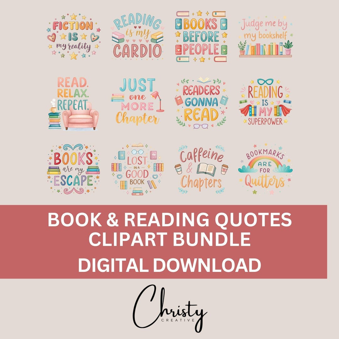 Book Quotes Clipart Bundle, 12 Reading Quote Designs, Watercolor Book ...