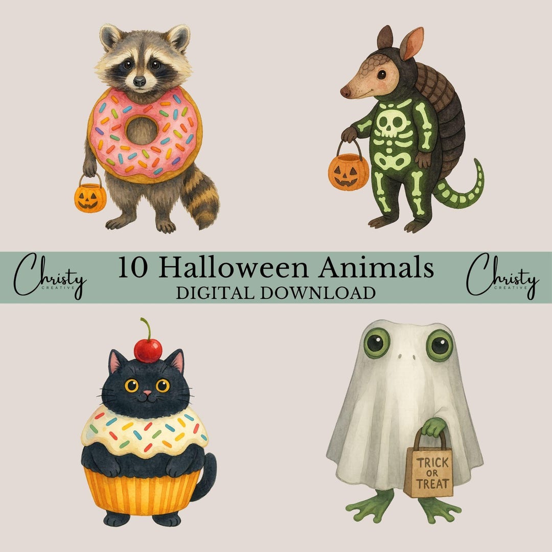 Halloween Animals Clipart Bundle, 10 Watercolor Costume Animals, Moose ...