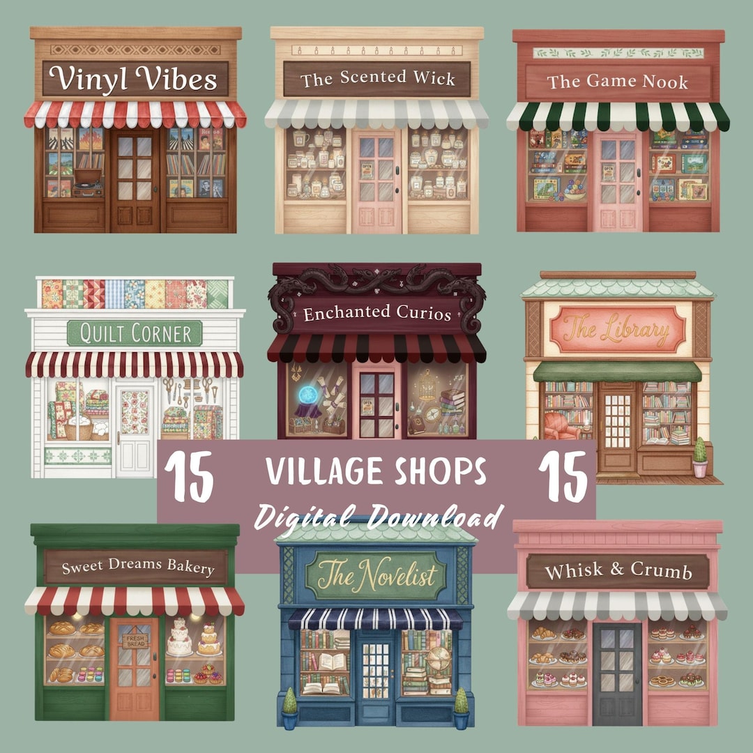 Whimsical Storefront Clipart Bundle, 15 Village Shops, Small Business ...