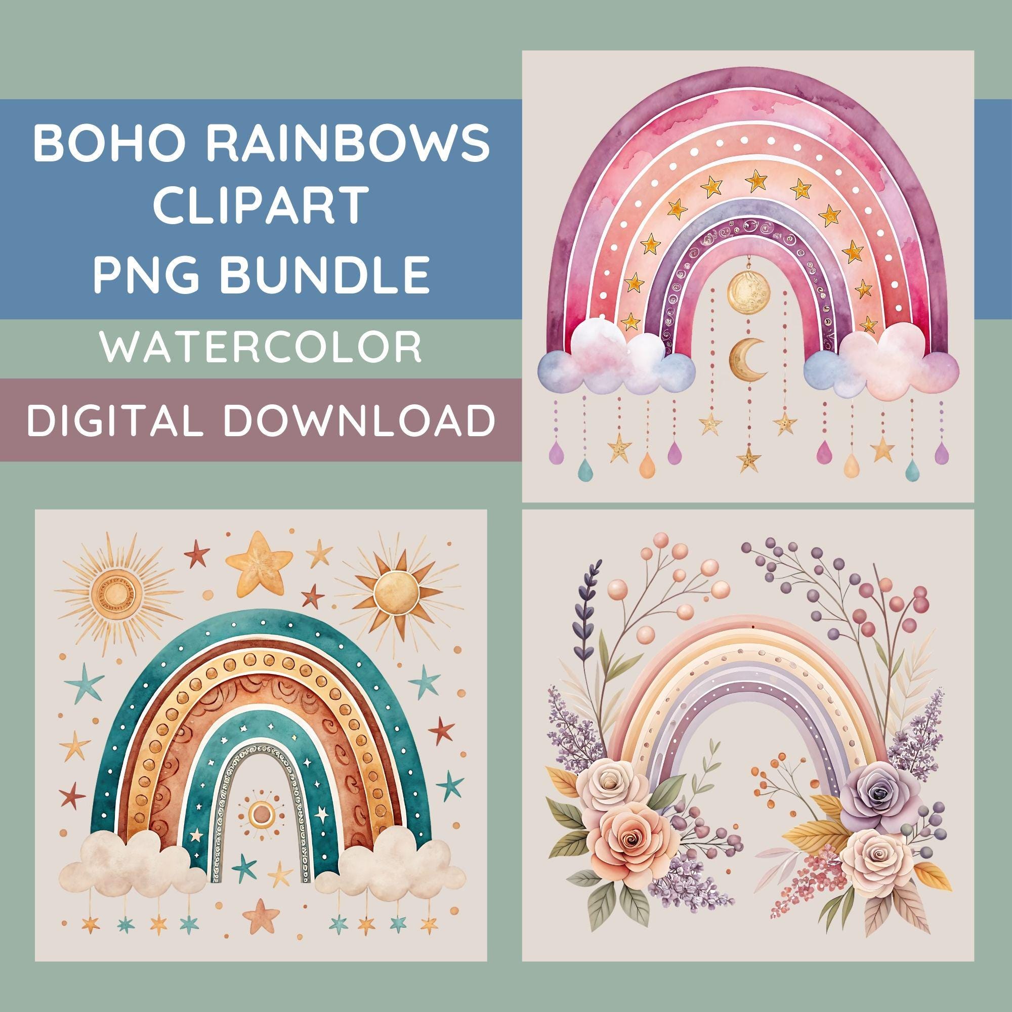 Boho Rainbows PNG Bundle, 15 Watercolor Rainbows, Floral Rainbow ...