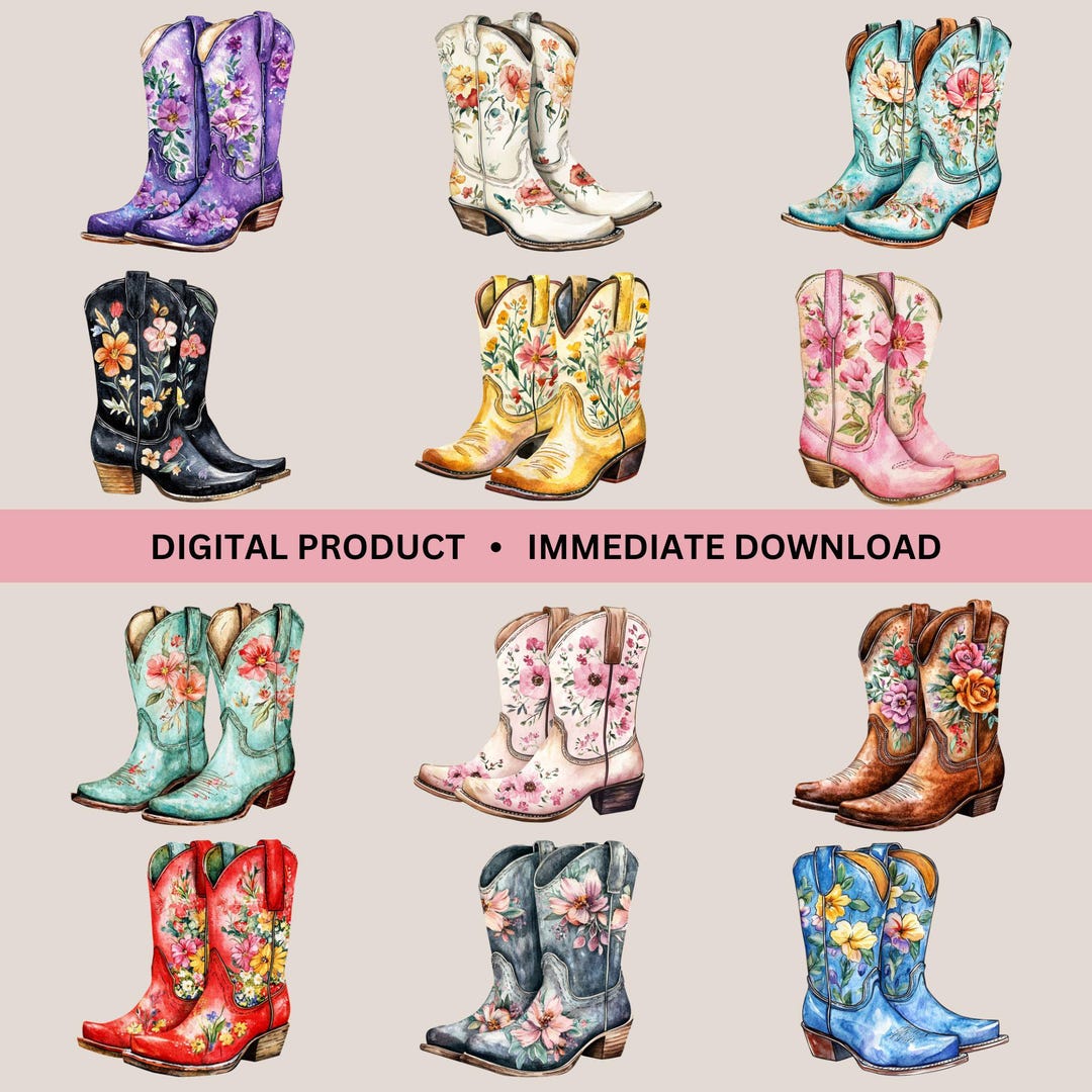 Cowgirl Boots Clipart Bundle, 12 Pastel Boot Graphics, Watercolor Boot ...