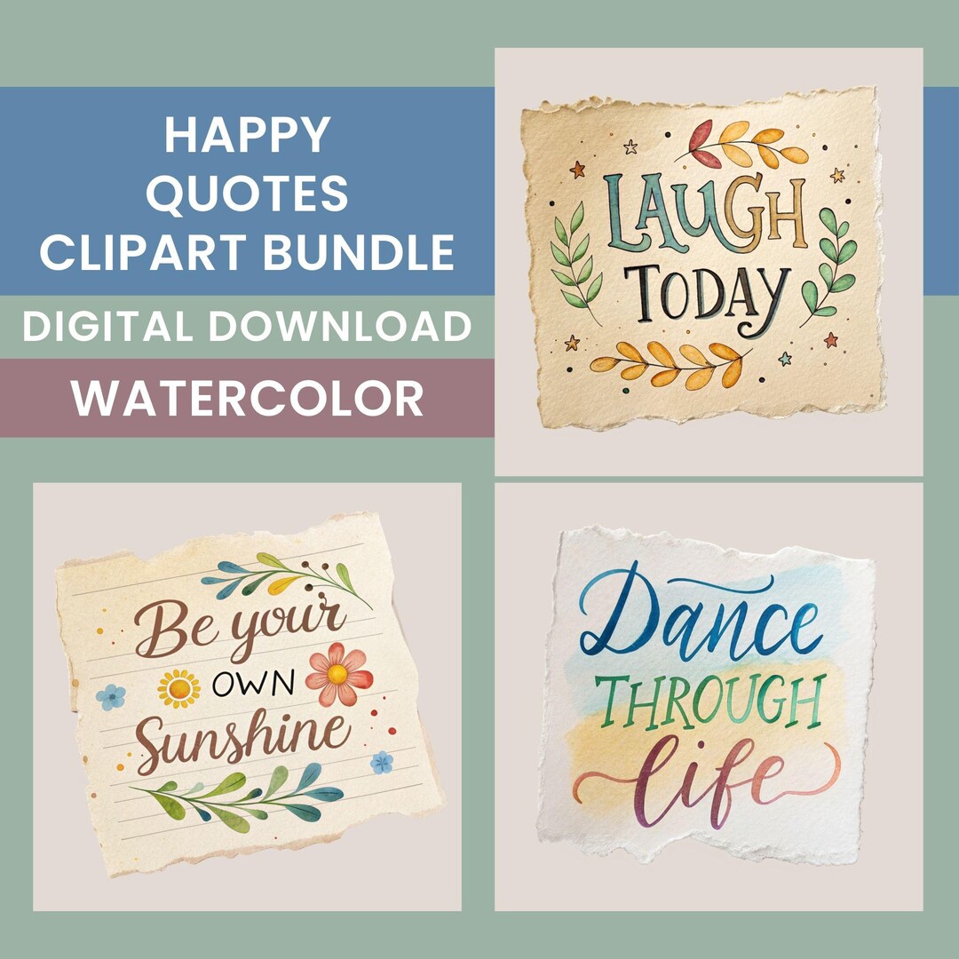 Happy Quotes Clipart Bundle, 15 Watercolor Happy Quote Designs, Retro ...