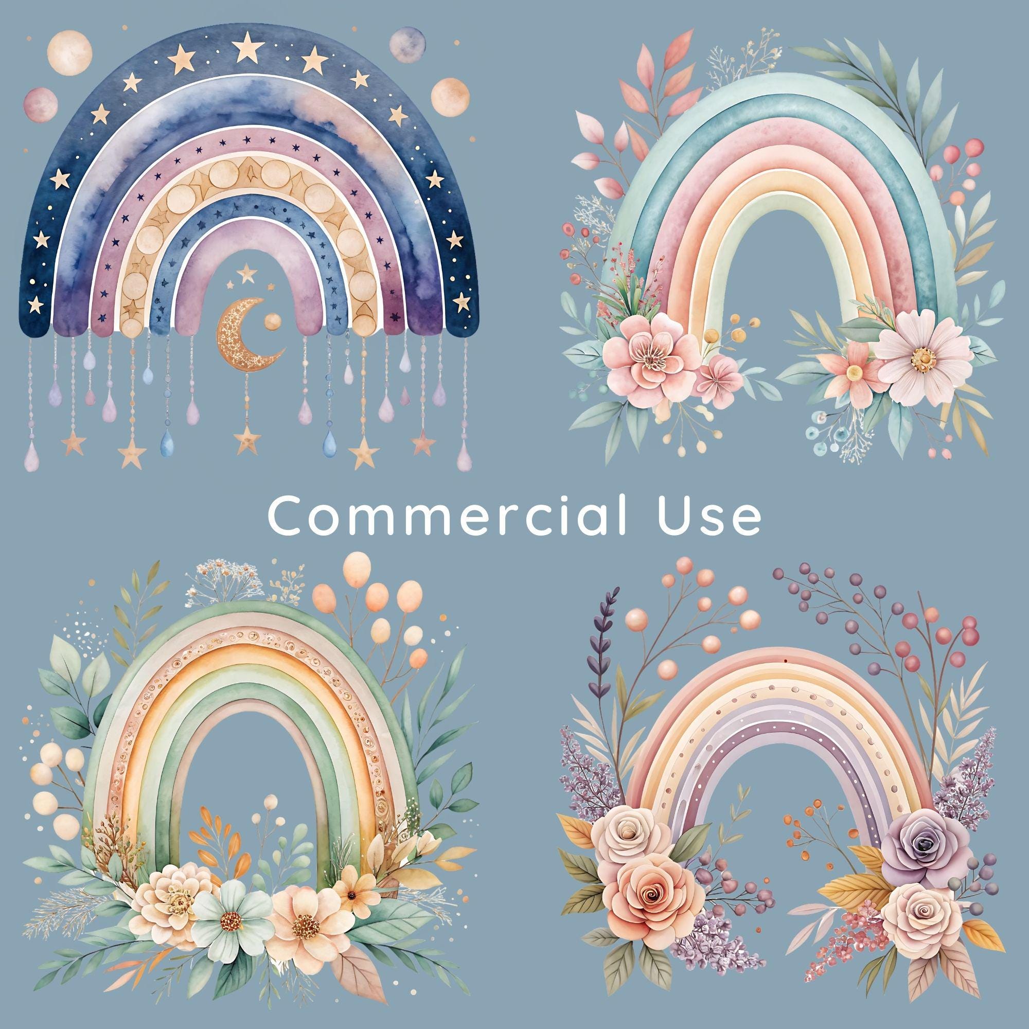 Boho Rainbows PNG Bundle, 15 Watercolor Rainbows, Floral Rainbow ...