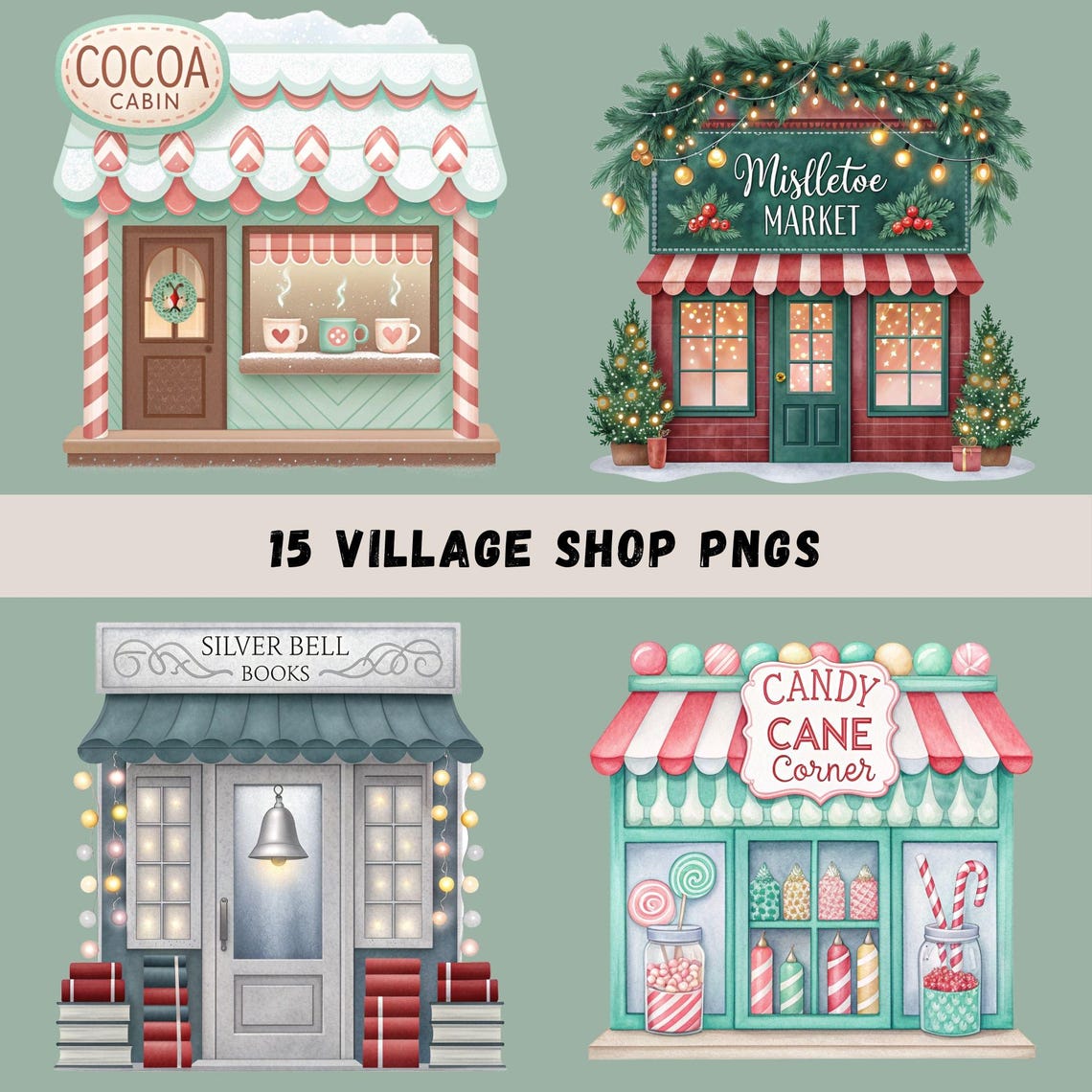 Village Shops Winter Clipart Bundle, 15 Watercolor Holiday Storefronts ...