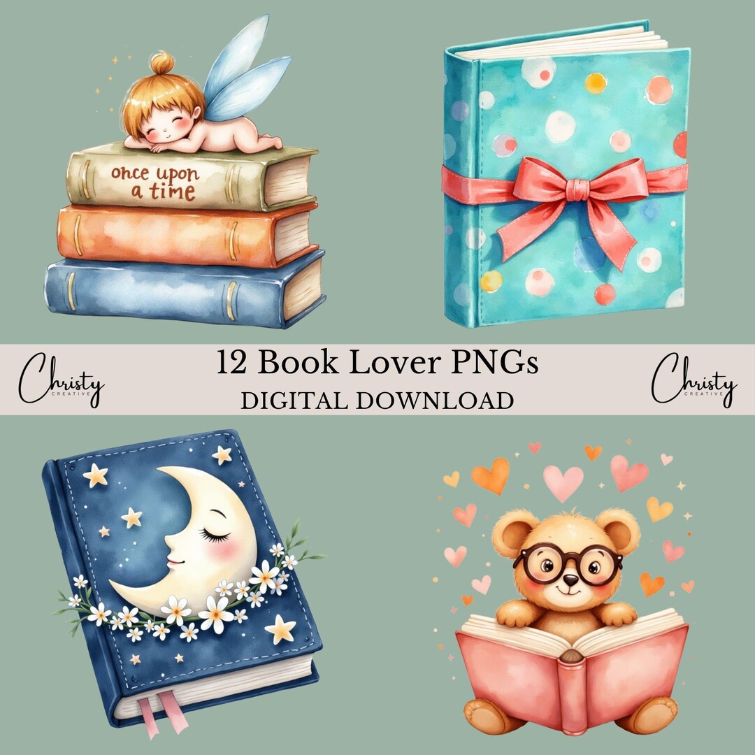 Book Lover Clipart Pngs, 12 Watercolor Book Designs, Book Illustrations ...