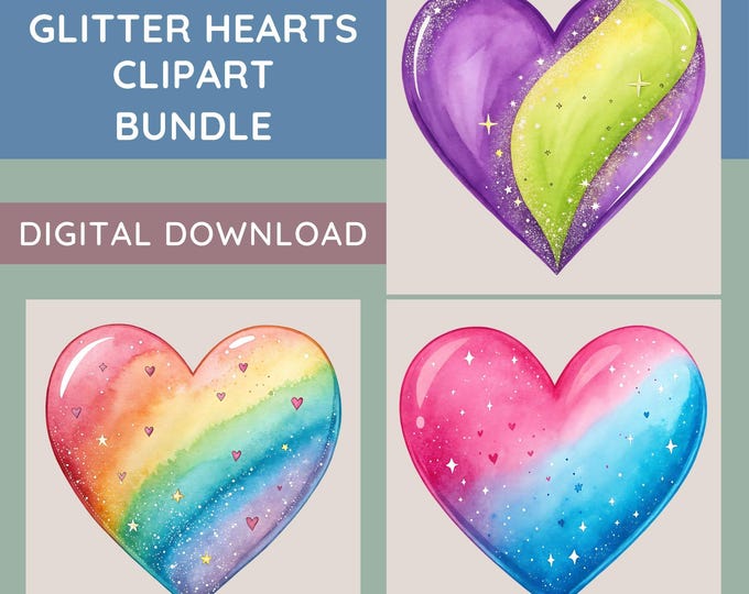 Glitter Hearts Clipart Set - Clip Art Set of Rainbow Hearts, Glitter ...