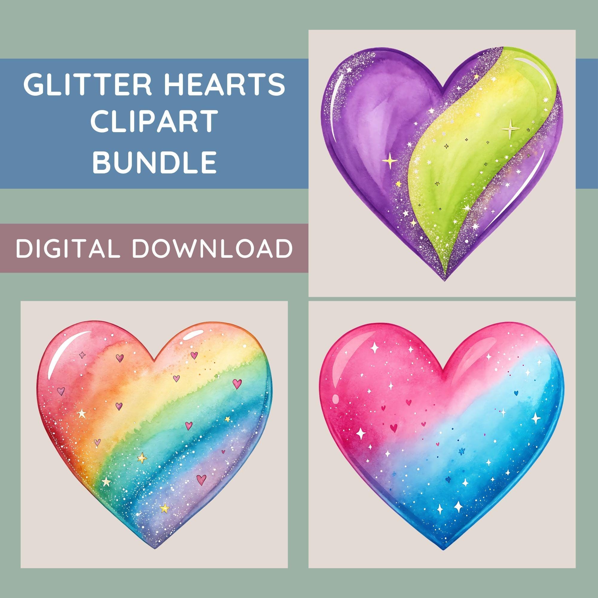Glitter Hearts Clipart Bundle, 15 Colorful Heart Images, Love ...
