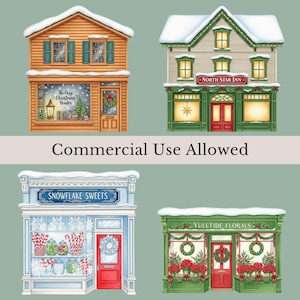 Christmas Village Clipart Bundle, 12 Watercolor Storefront Designs ...
