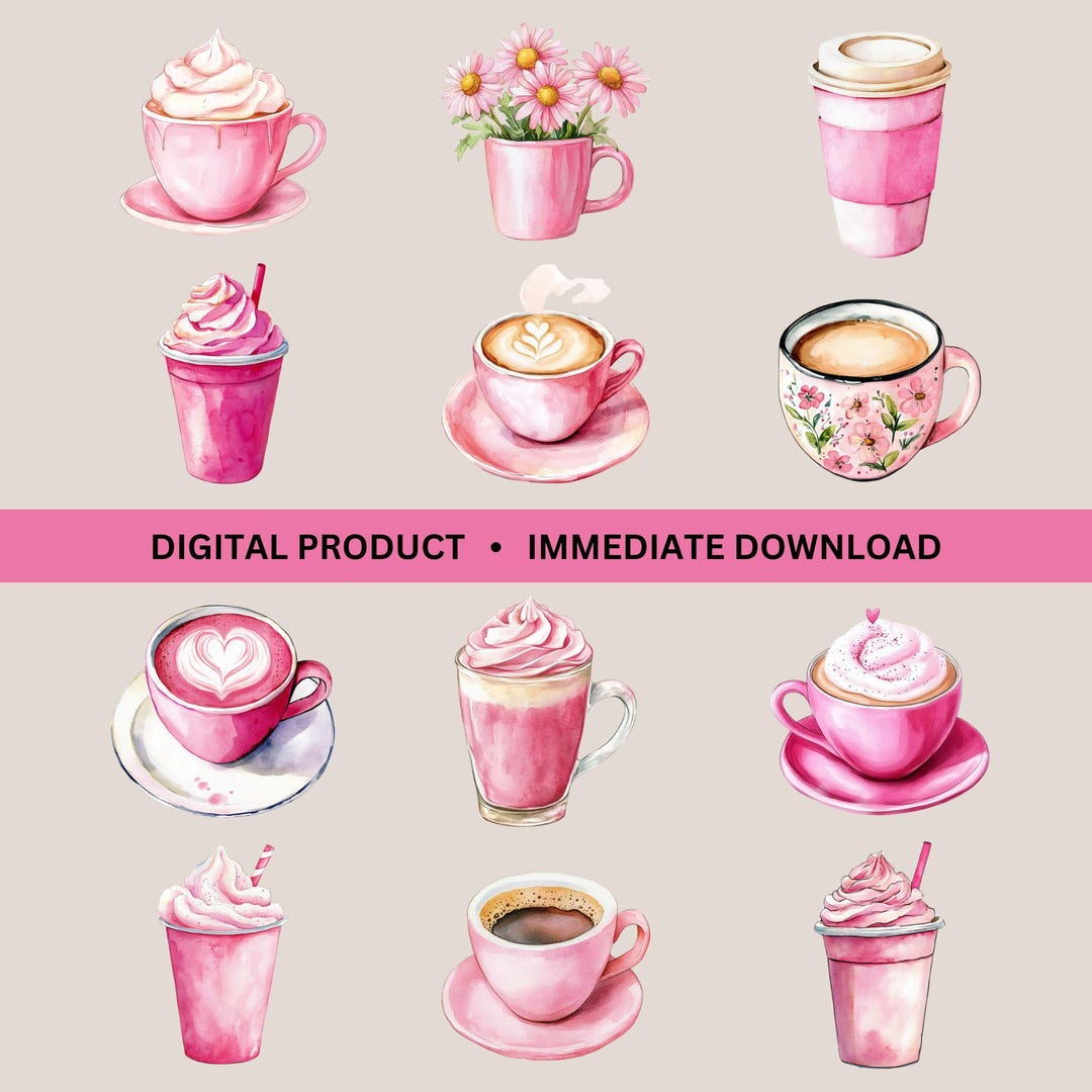 Coffee Designs in Pink Watercolor Bundle, 12 Coffee Graphics ...