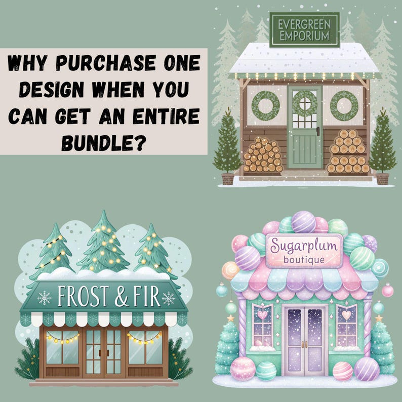 Village Shops Winter Clipart Bundle, 15 Watercolor Holiday Storefronts ...