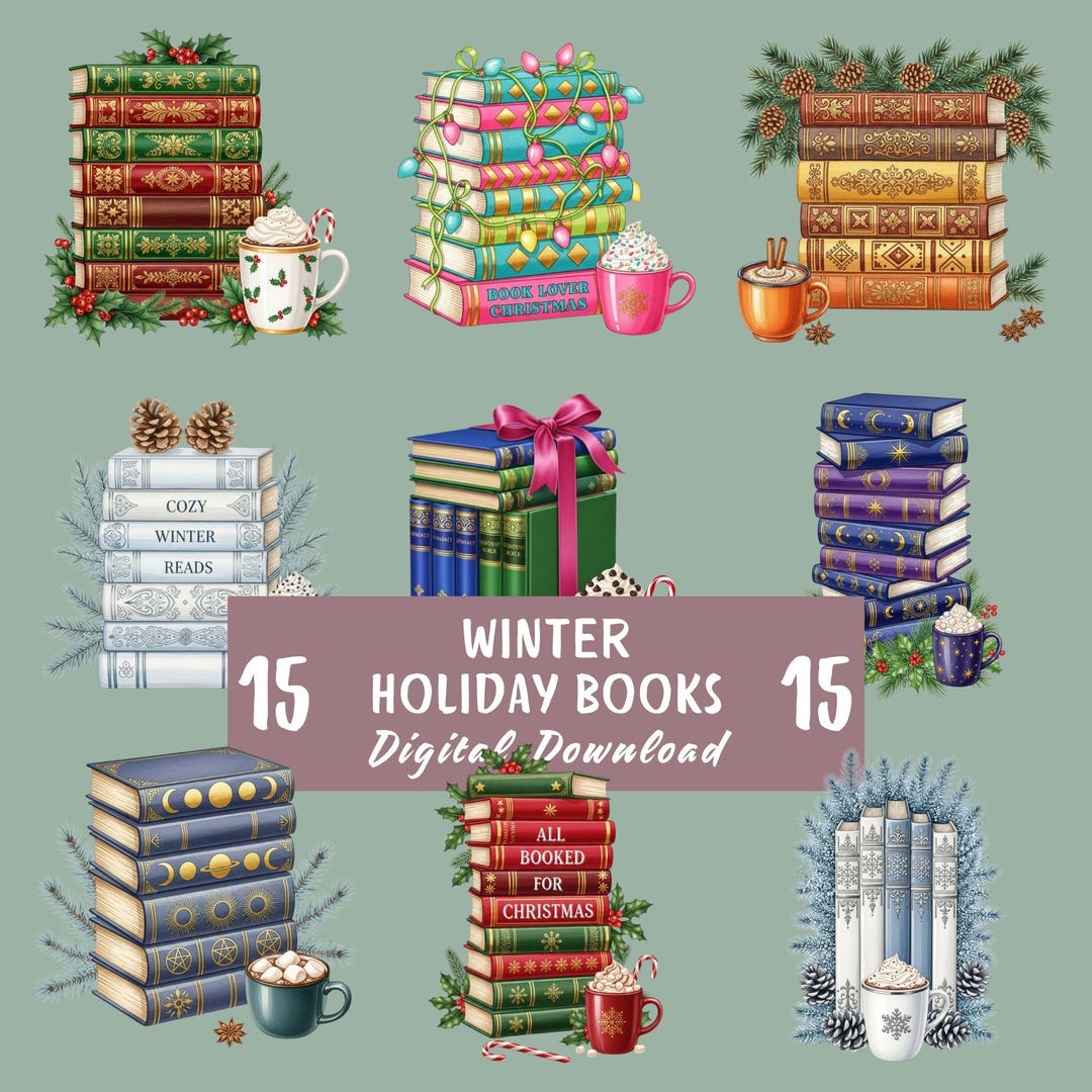 Winter & Holiday Books Clipart PNG Bundle, 15 Book Lover Designs ...