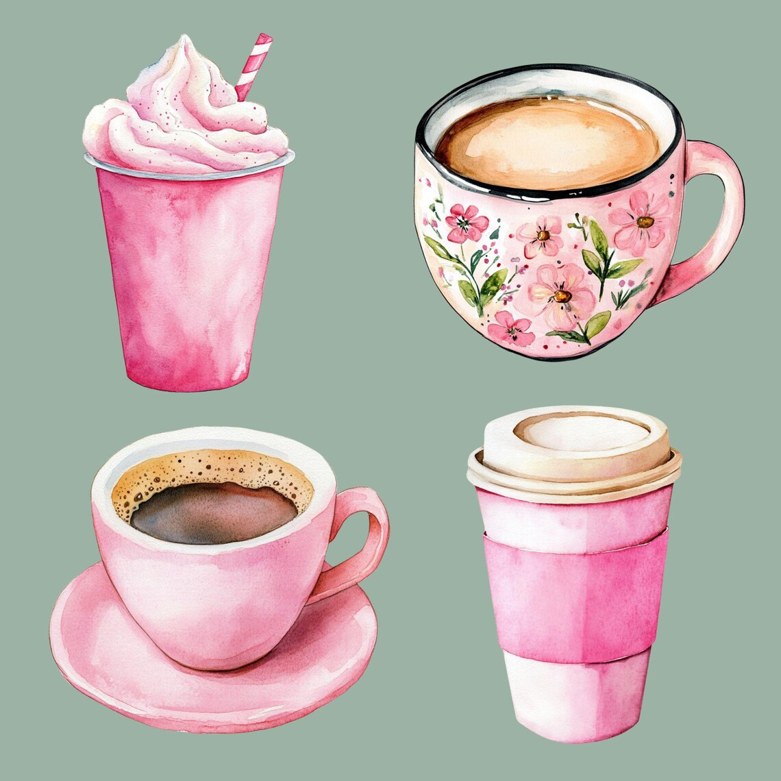 Pink Coffee Clipart Bundle, 12 Watercolor Coffee Graphics, Coffee Clip ...