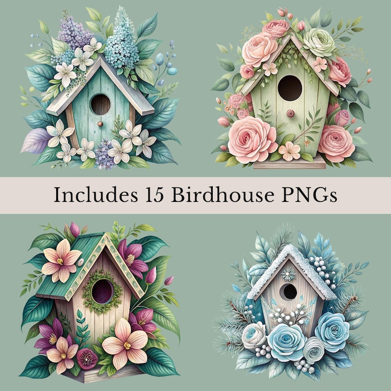 Birdhouse Clipart Bundle, 15 Watercolor Birdhouses and Flowers, Floral ...