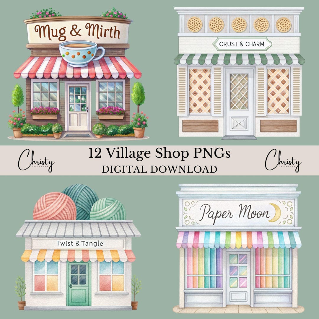 Village Shops Clipart Bundle, 12 Watercolor Buildings, Crafty ...