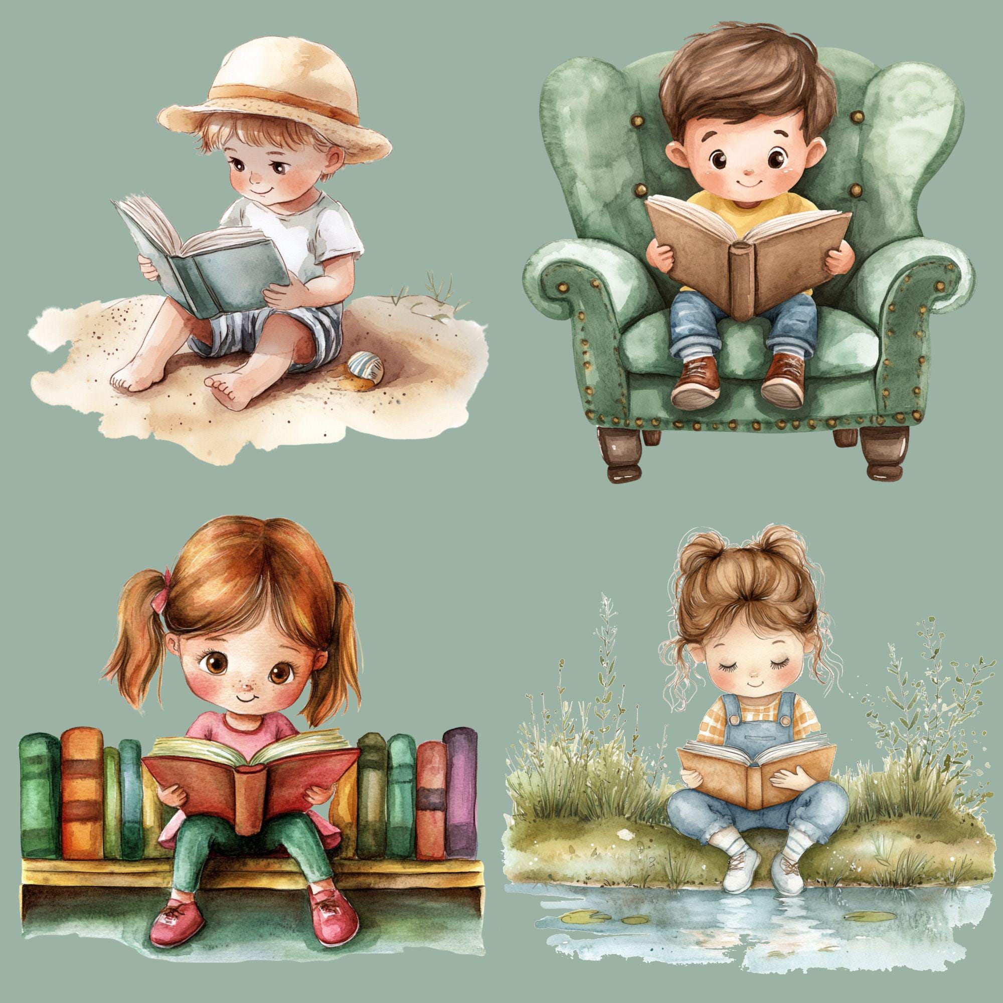 Children Reading Watercolor Bundle, 12 Children Reading Designs, Book ...