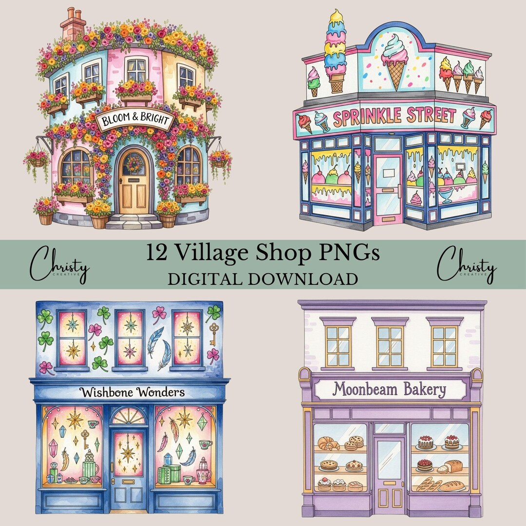 Village Shops PNG Bundle, 12 Watercolor Storefront Illustrations, Shop ...