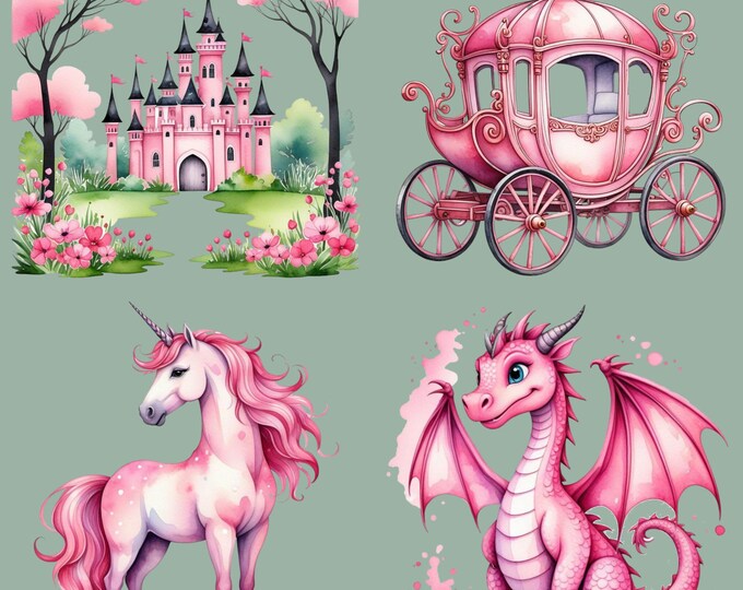 Pink Princess Clipart, Set of 42 PNG Bundle, 300 DPI Clip Art ...