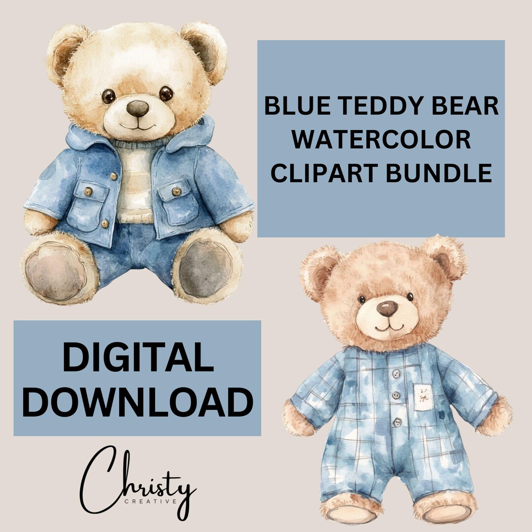 Blue Teddy Bear Clipart Bundle, 12 Boy Bear Watercolor Designs, Cute ...