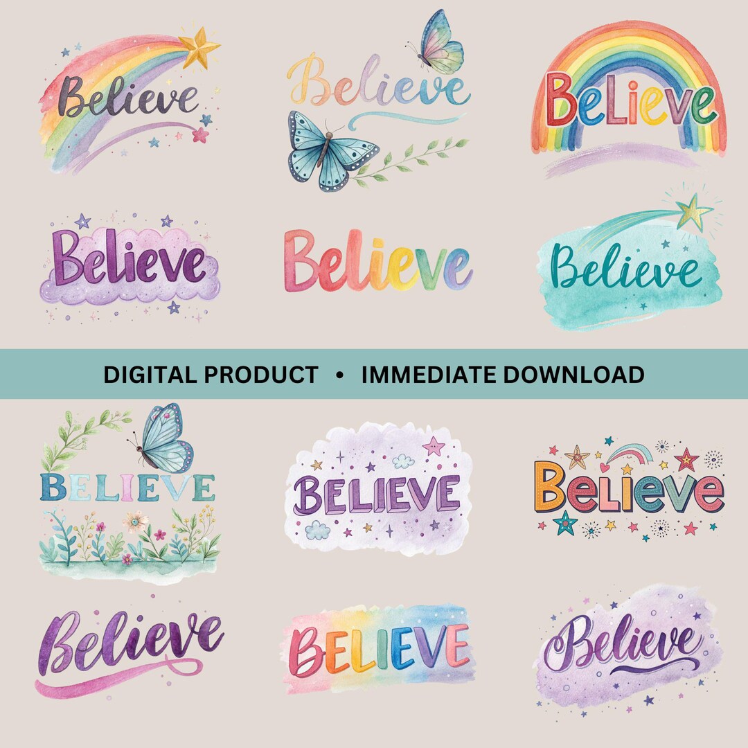 BELIEVE Bundle, 12 Watercolor BELIEVE Word, Believe Clipart ...