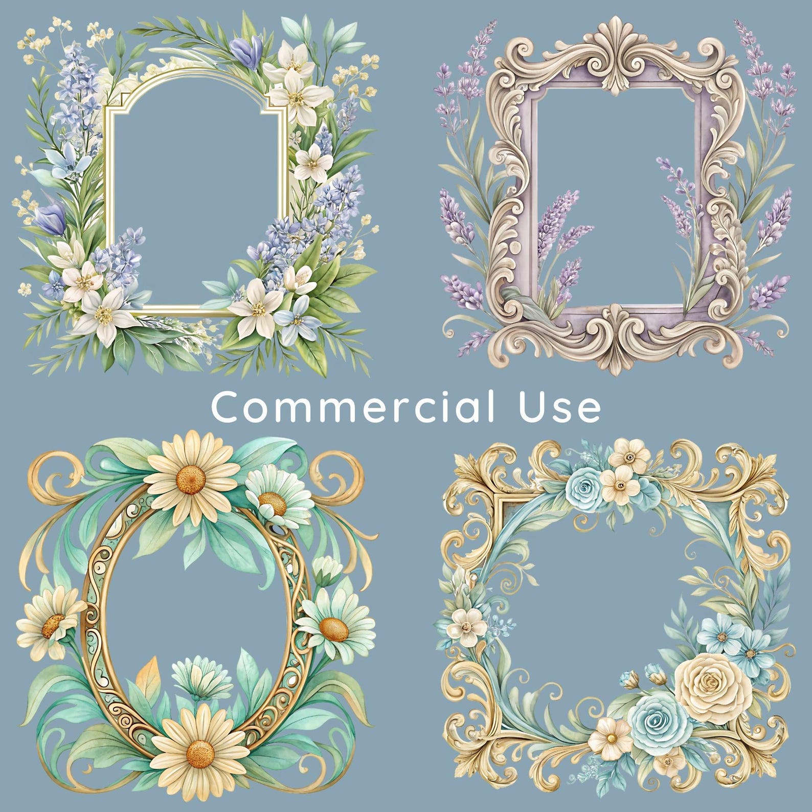 Floral Frames Clipart PNG Bundle, 15 Flower Border Designs, Flower ...