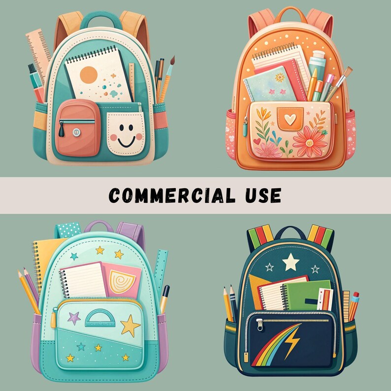 School Backpacks Clipart Bundle, 15 School Supply Graphics, Teacher ...