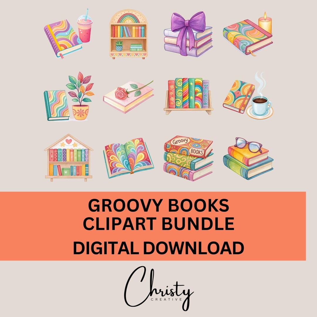 Groovy Books Clipart Bundle, 12 Cool Book Designs, Watercolor Book ...