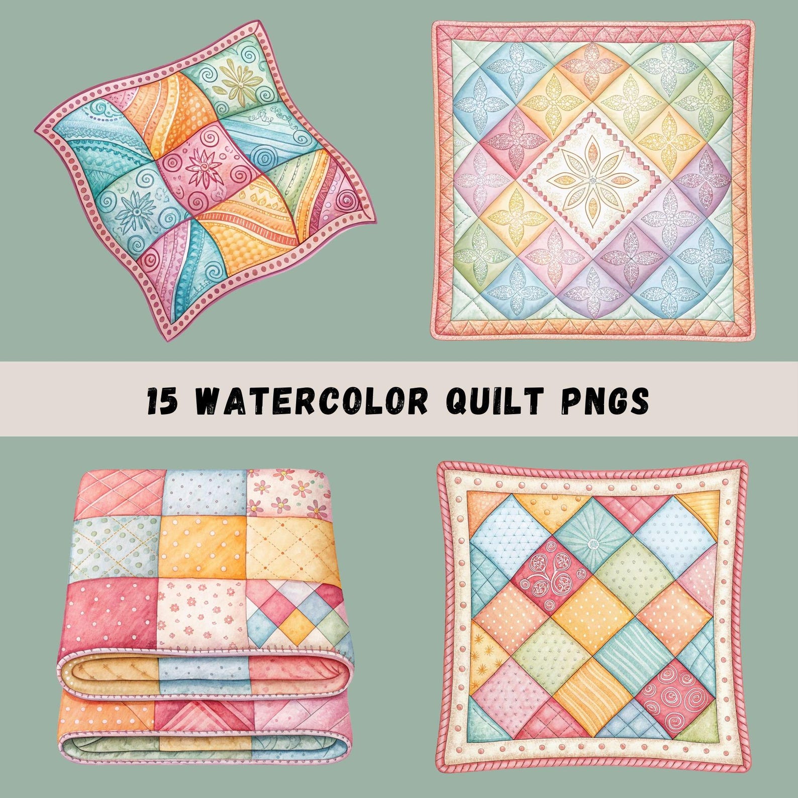 Quilting Clipart Bundle, 15 Watercolor Quilts, Quilt Sublimation ...