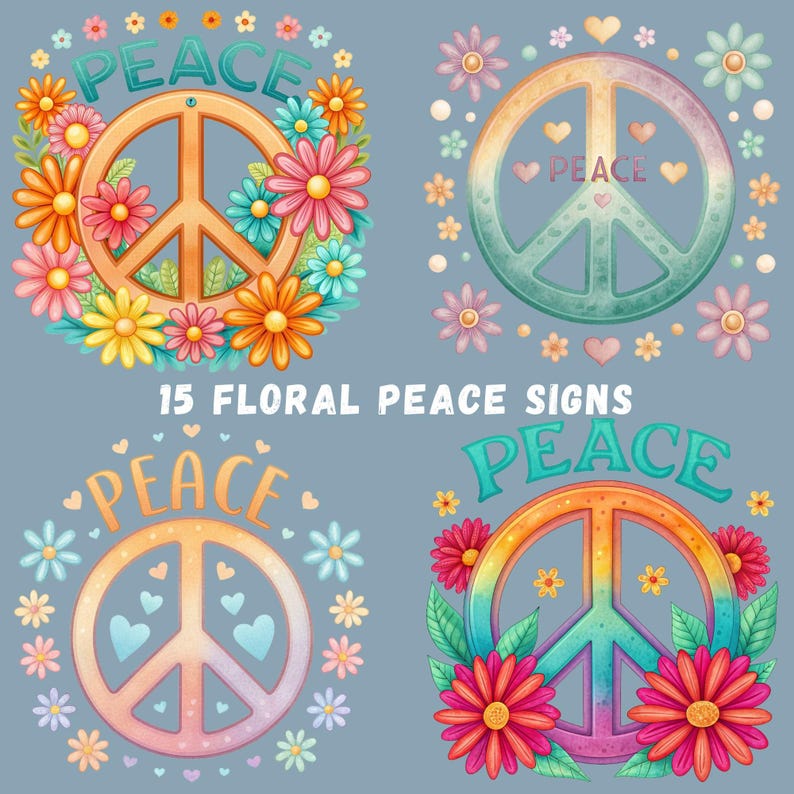 Peace Signs Clipart Bundle, 15 Watercolor Retro Peace Signs, Peace Sign ...