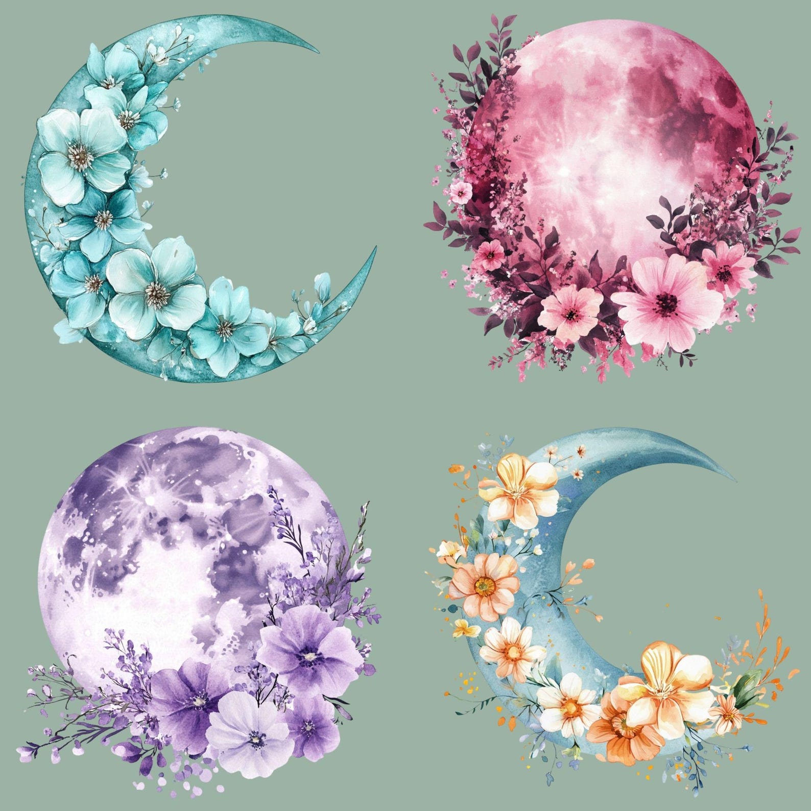 Watercolor Floral Moon Clipart Bundle, 12 Floral Moon Graphics, Moon ...