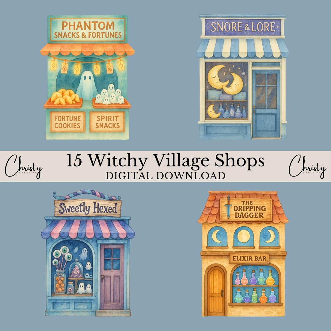 Witch Village Shops Clipart Bundle, 15 Watercolor Mystical Storefronts ...