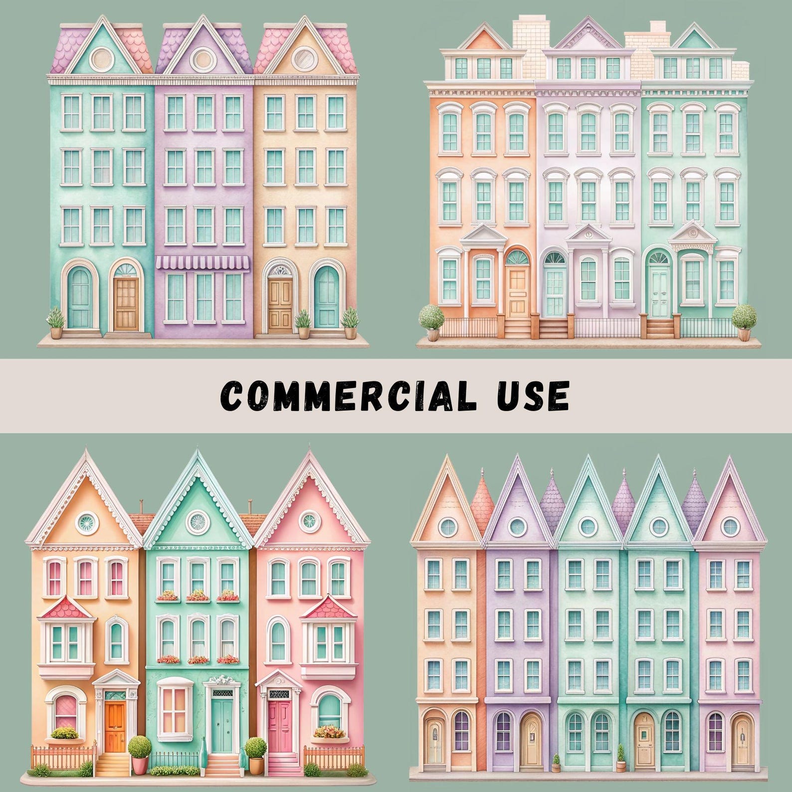 Row House Borders Clipart Bundle, 15 Whimsical Watercolor Row Houses ...