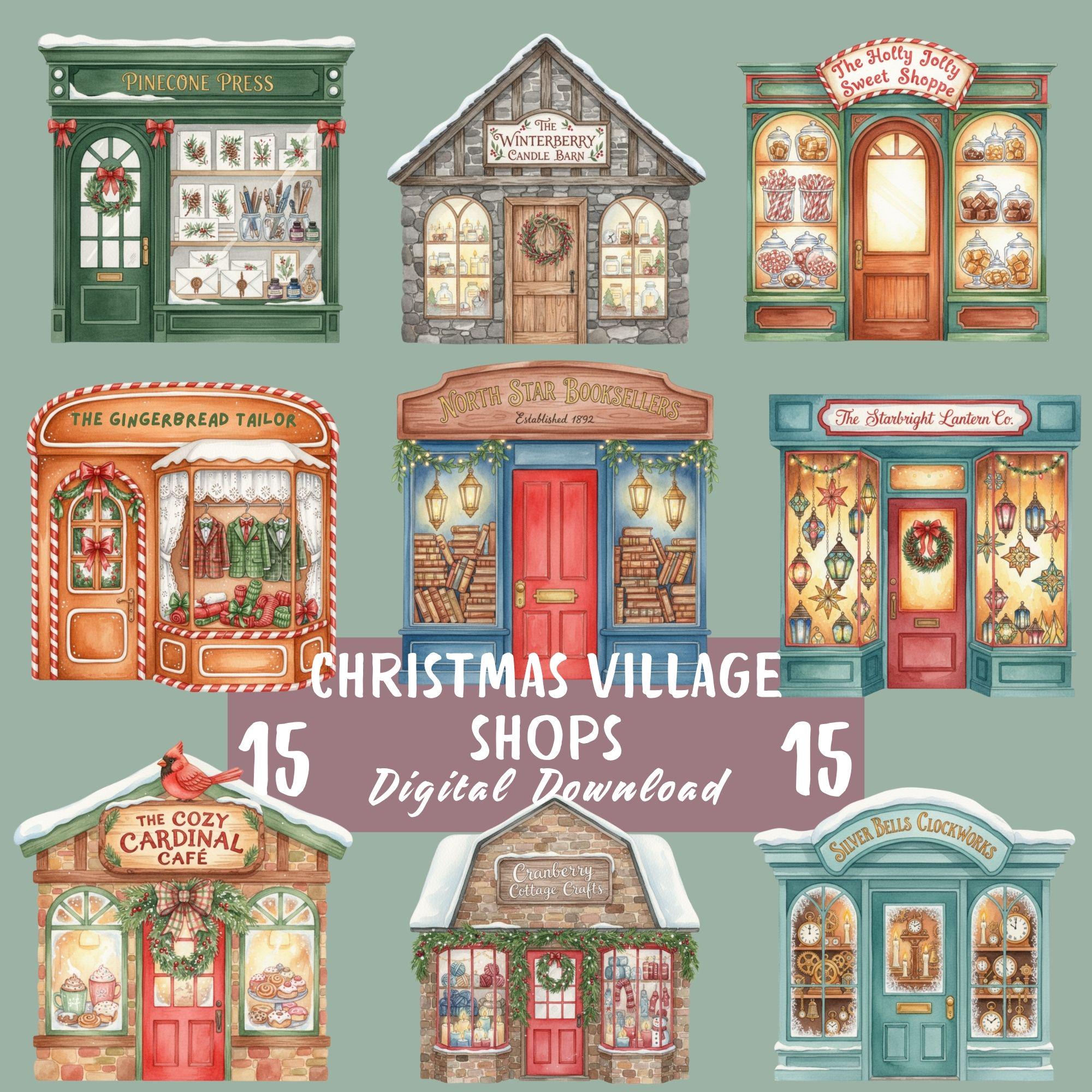 Christmas Village Clipart Bundle, 15 Watercolor Storefront Designs ...