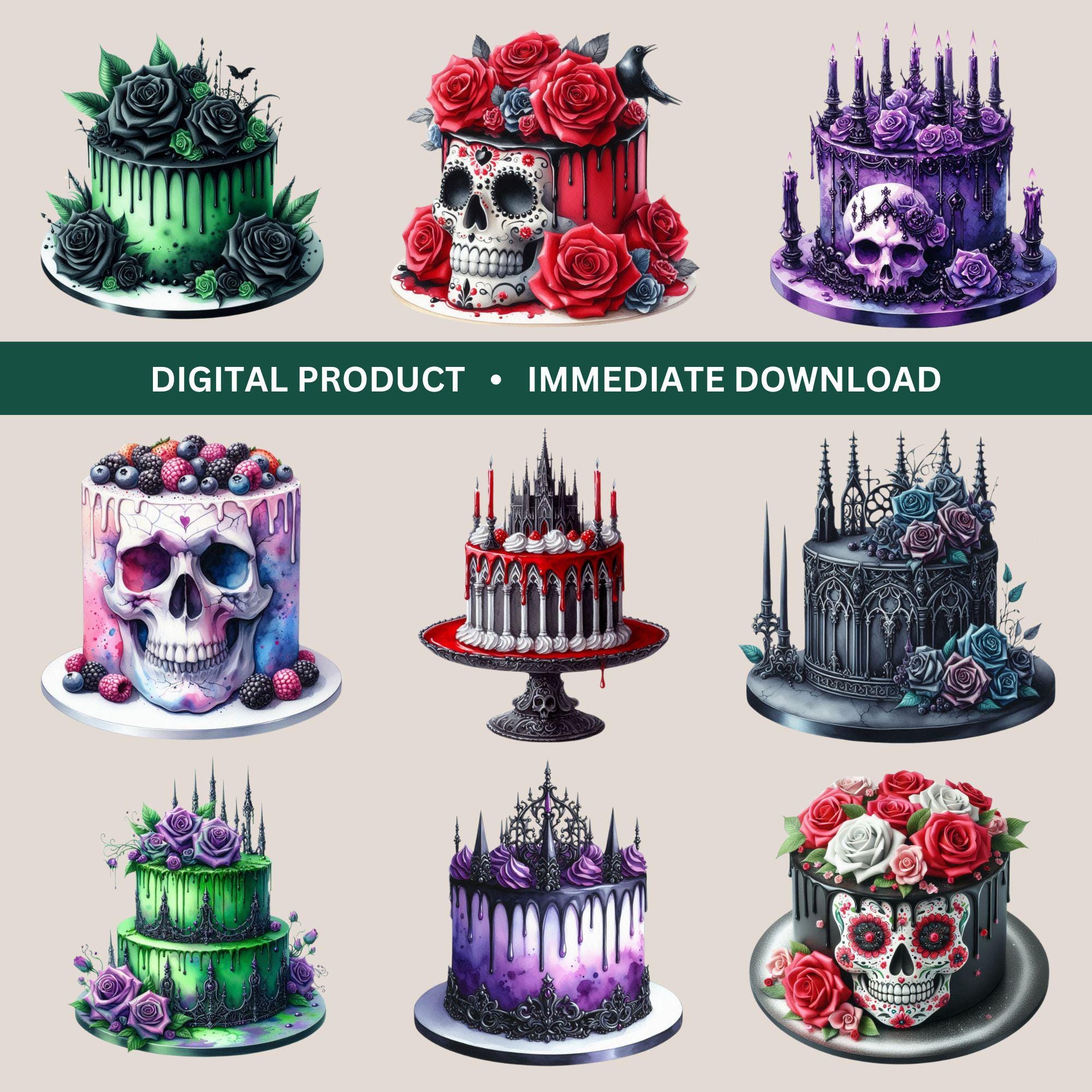 Gothic Clipart Bundle, 9 Magical Cakes, Witchy Watercolor Designs ...