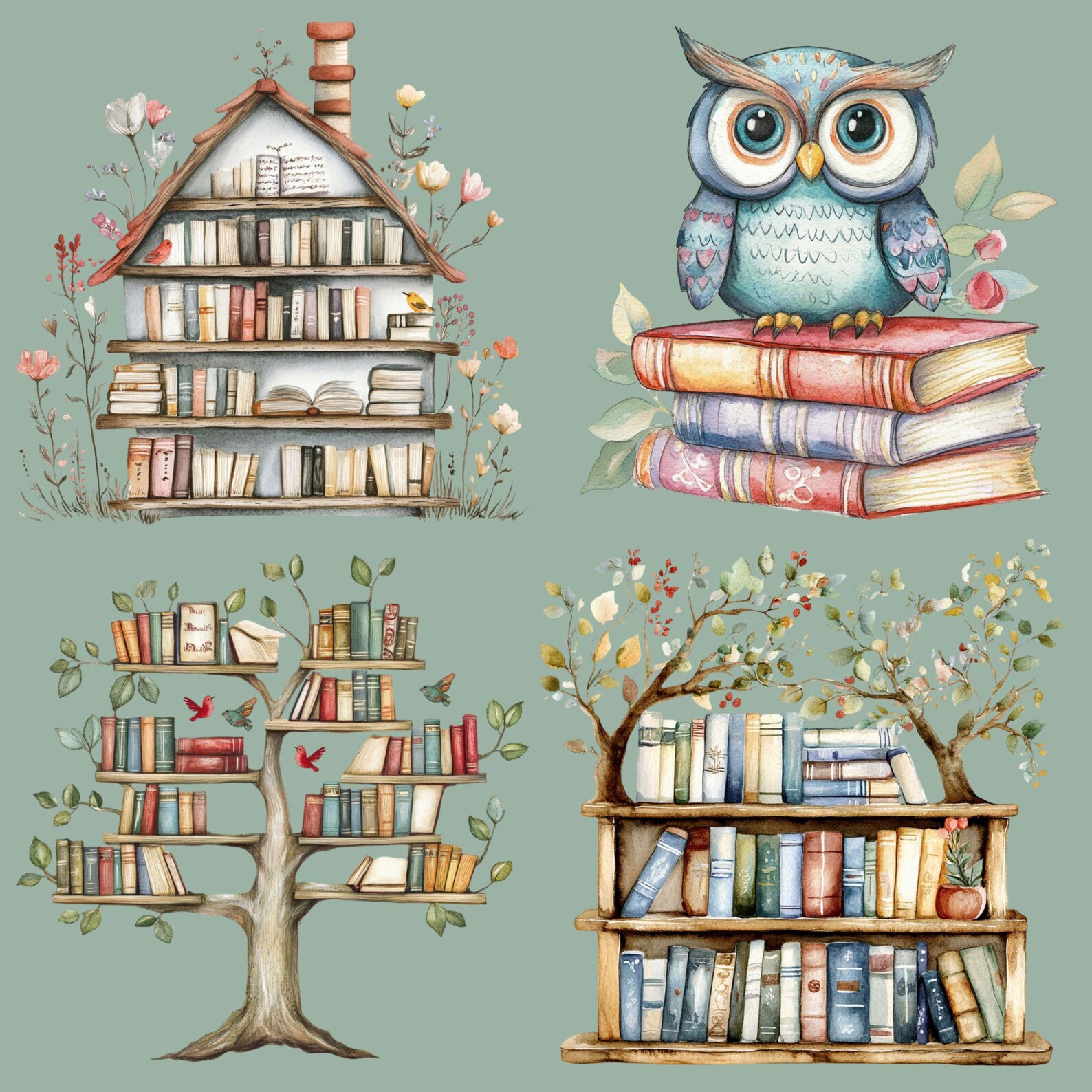 Books & Owls Clipart Bundle, 12 Watercolor Illustrations, Library ...