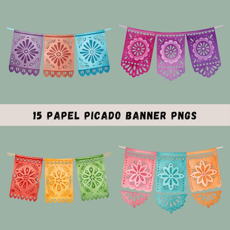 Mexican Papel Picado Banner Clipart Pngs, 15 Watercolor Banners, Banner ...