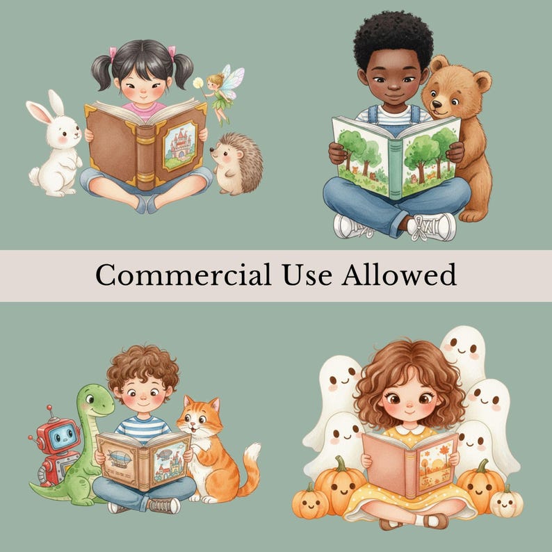 Children Reading Clipart Bundle, 20 Magical Child Designs, Watercolor ...